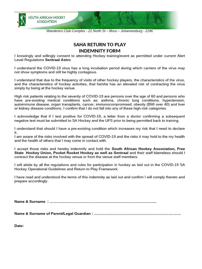 SAHA - Return To Play Indemnity Form Minor | PDF