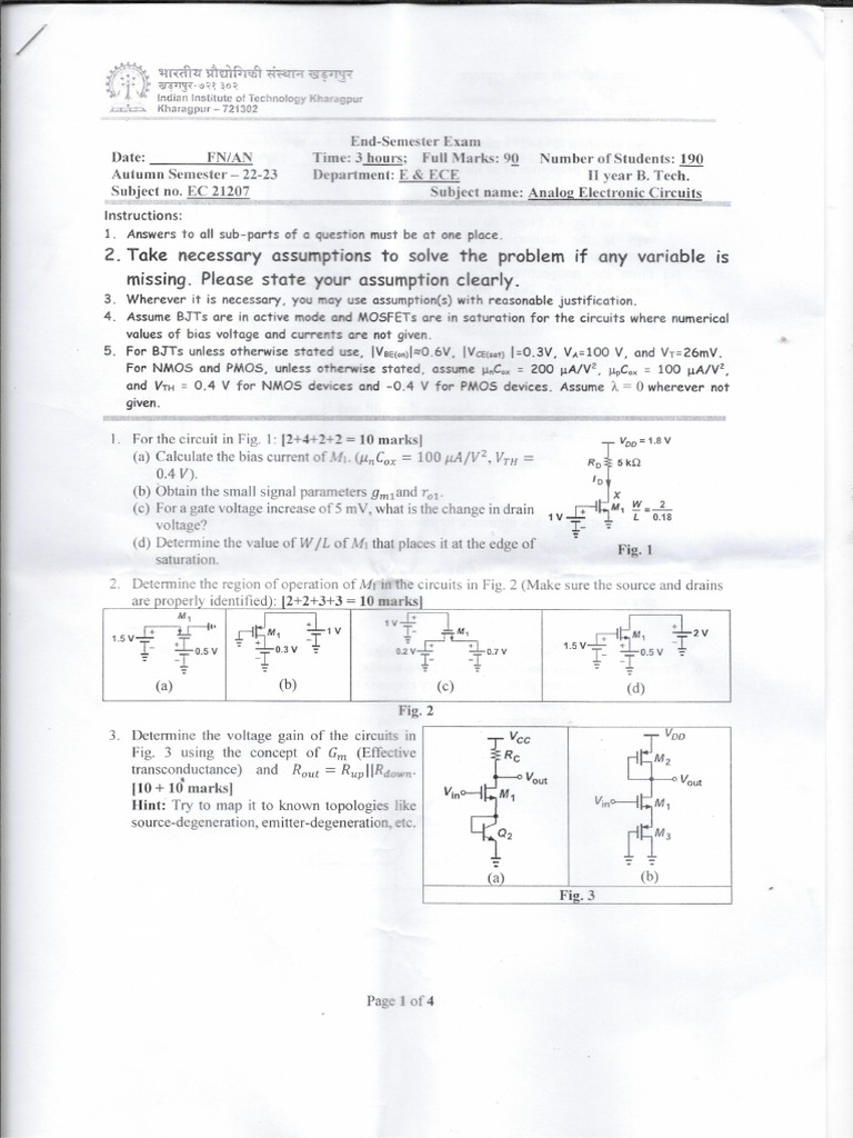 Ec21207 Analog Electronic Circuits 2022 Autumn Endsem | PDF