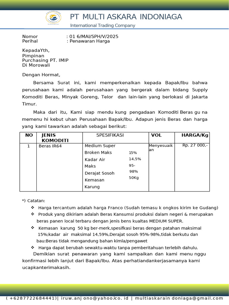Penawaran Beras IMIP | PDF