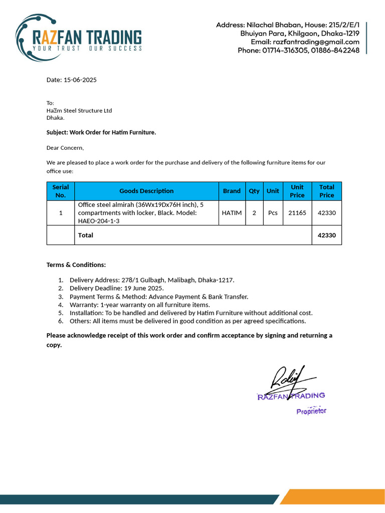 Work Order - 2 For Hatim Furniture | PDF