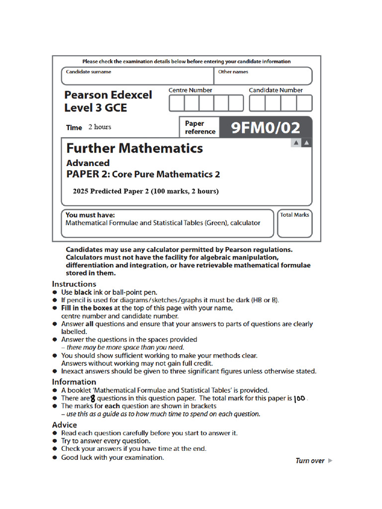 Core Pure 2 Predicted Paper | PDF | Area | Cartesian Coordinate System