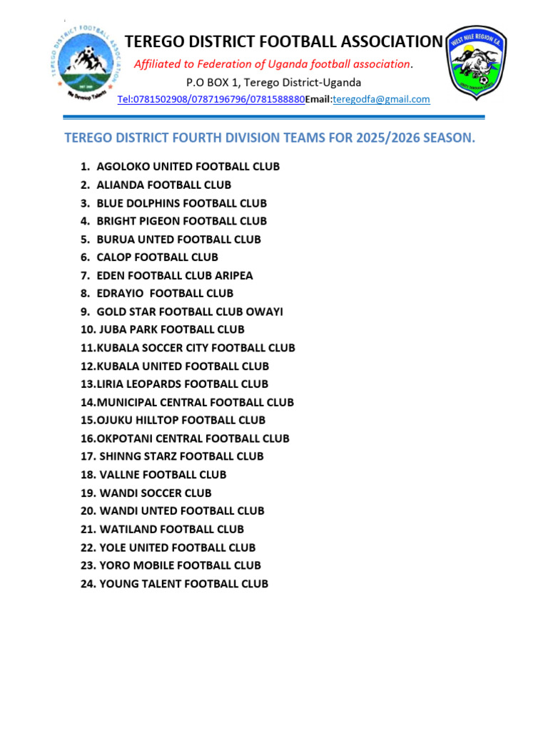 Terego District Fourth Division Teams For 2025 - 2026. | PDF