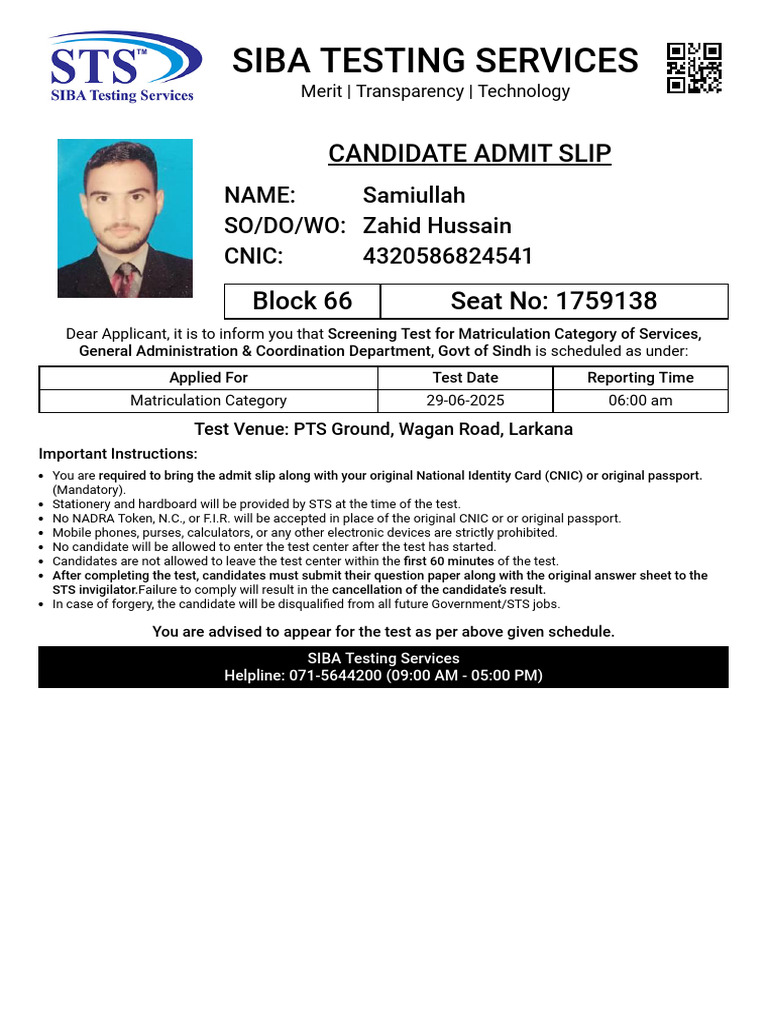 Siba Testing Services: Candidate Admit Slip | PDF