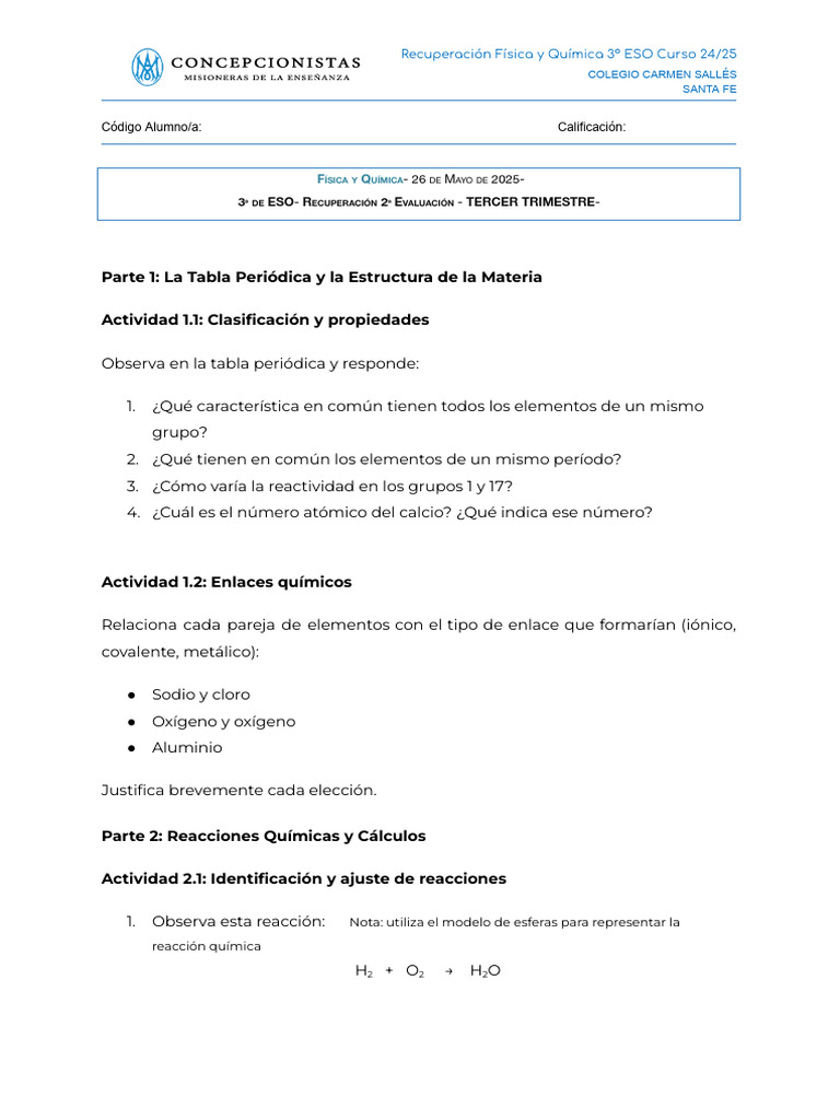 Recuperación 2 Evaluación FyQ 3º ESO | PDF | Química | Tabla periódica