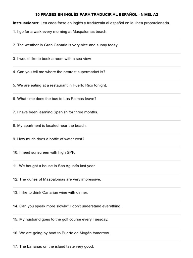30 Frases en Inglés para Traducir Al Español - Nivel A2 Ceire | PDF
