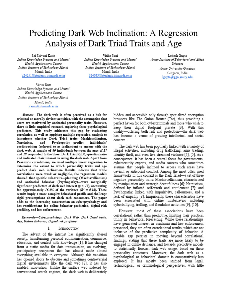 Predicting Dark Web Inclination A Regression Analysis of Dark Triad | PDF | Dark Triad | Psychopathy