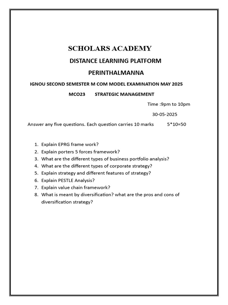 Mc023 Strategic Management Question Paper | PDF