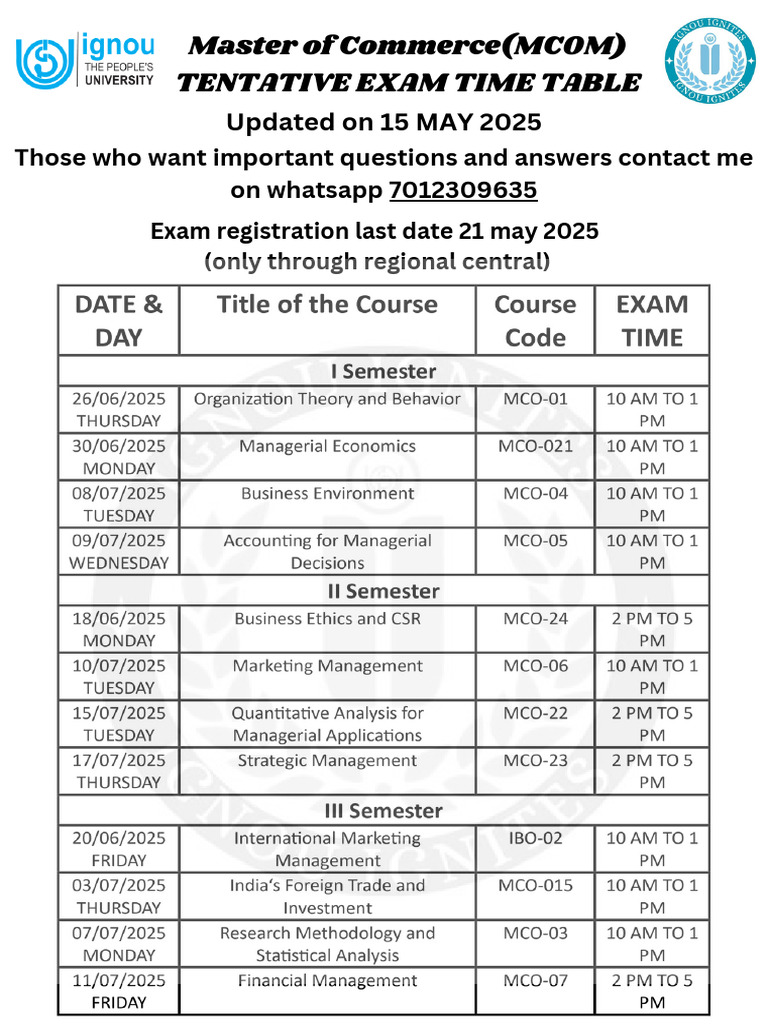 MCOM 2025 June Exam Time Table | PDF