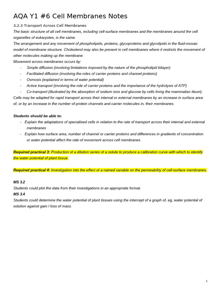 AQA Y1 #6 Biological Membranes Notes | PDF | Cell Membrane | Osmosis
