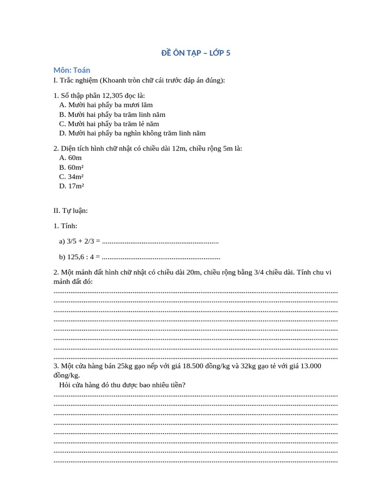 De On Tap Lop 5 Hoan Chinh | PDF