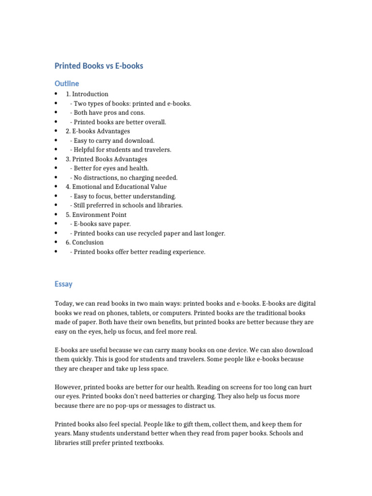 Printed Books Vs Ebooks Essay With Outline | PDF