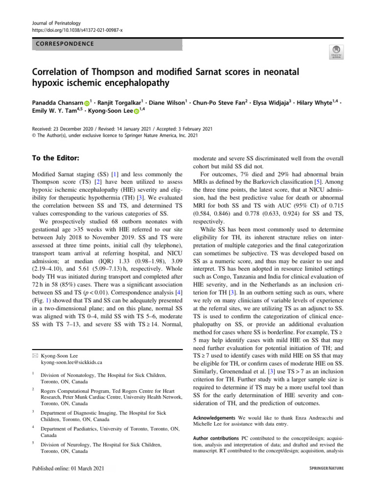 Correlation of Thompson and Modified Sarnat Scores in Neonatal | PDF ...