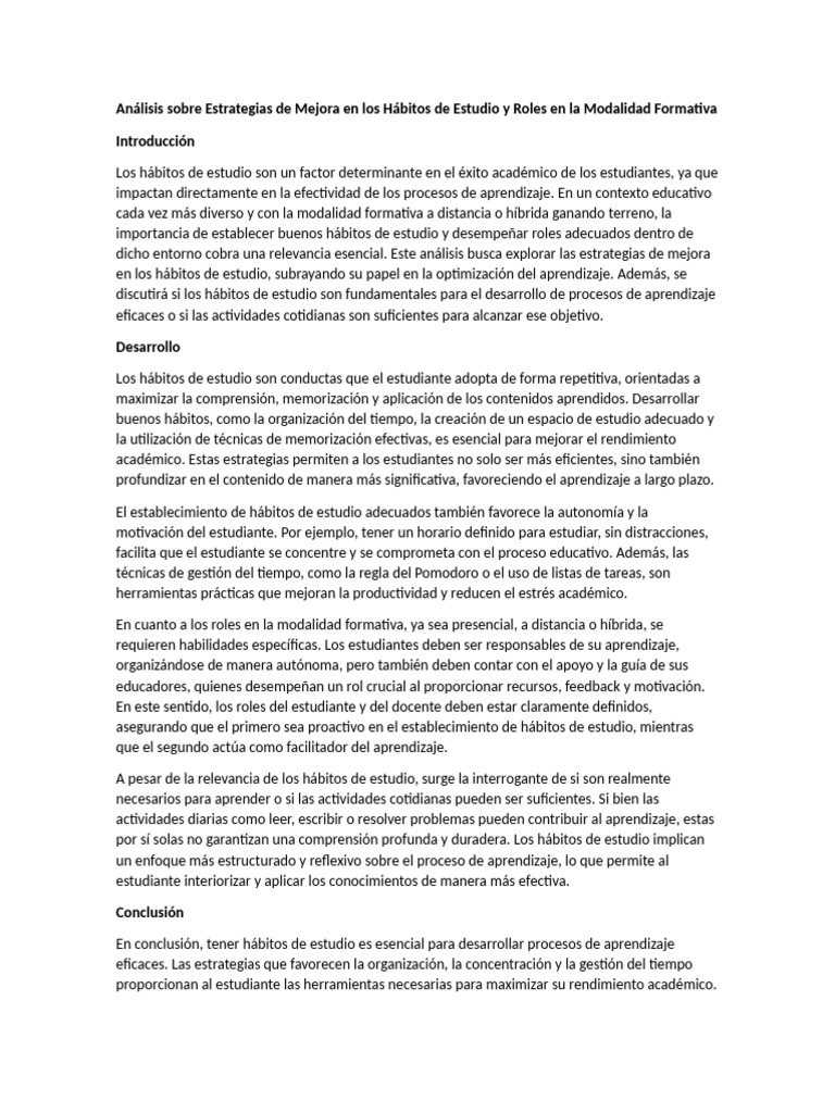 Análisis Sobre Estrategias de Mejora en Los Hábitos de Estudio y Roles en La Modalidad Formativa ...