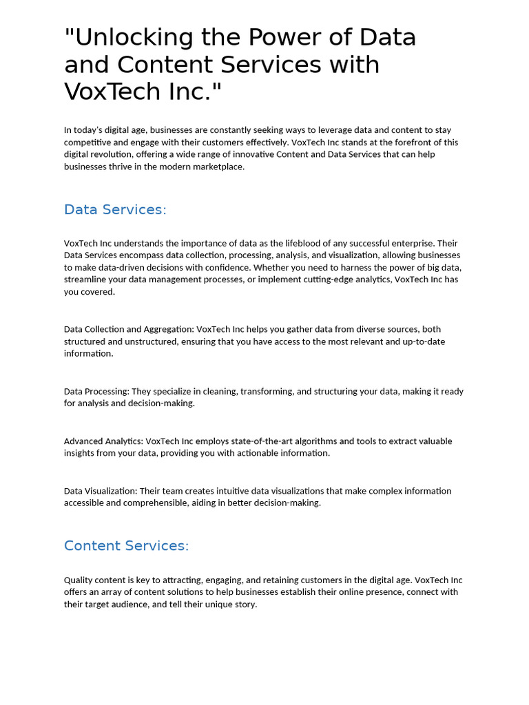 VoxTech Inc: Data & Content Solutions | PDF | Analytics | Data