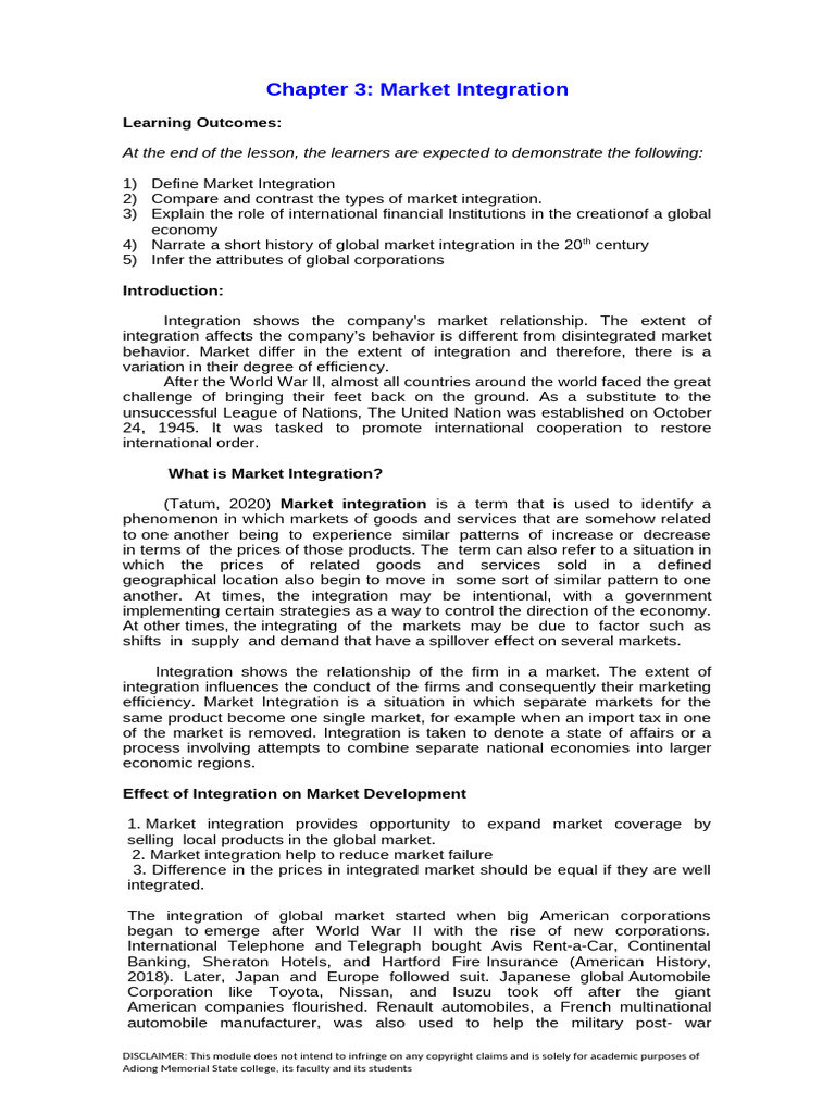 GEC 103 Chapter 3 Market Integration | PDF | Market (Economics) | Global Financial System