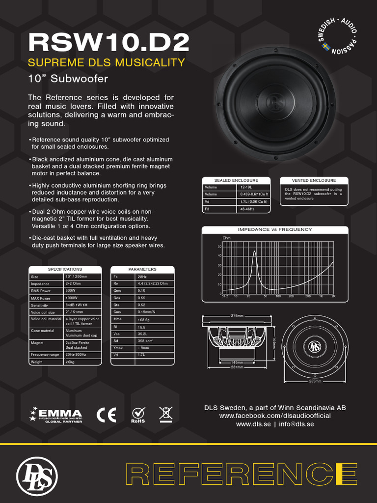 DLS RSW10.D2 10" Subwoofer Specs | PDF | Inductor | Loudspeaker