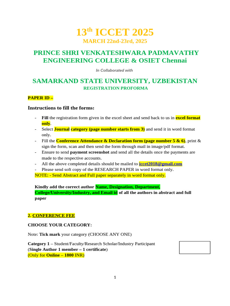 Registration Instructions & Declaration Form - 13TH ICCET 2025 | PDF