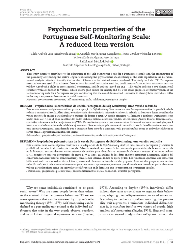 Short Self Monitoring Scale PT | PDF | Attitude (Psychology) | Cronbach's Alpha