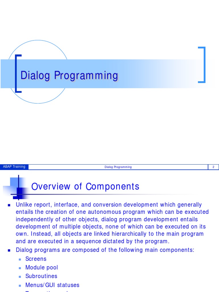 Overview Of Components Required For Developing A Dialog Program In Abap Pdf Menu Computing 1309