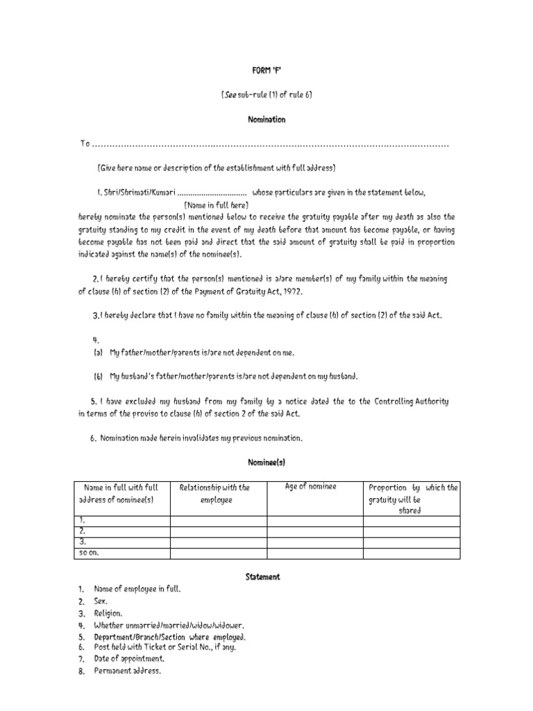 Gratuity Nomination Form - Form F | PDF | Justice | Crime & Violence