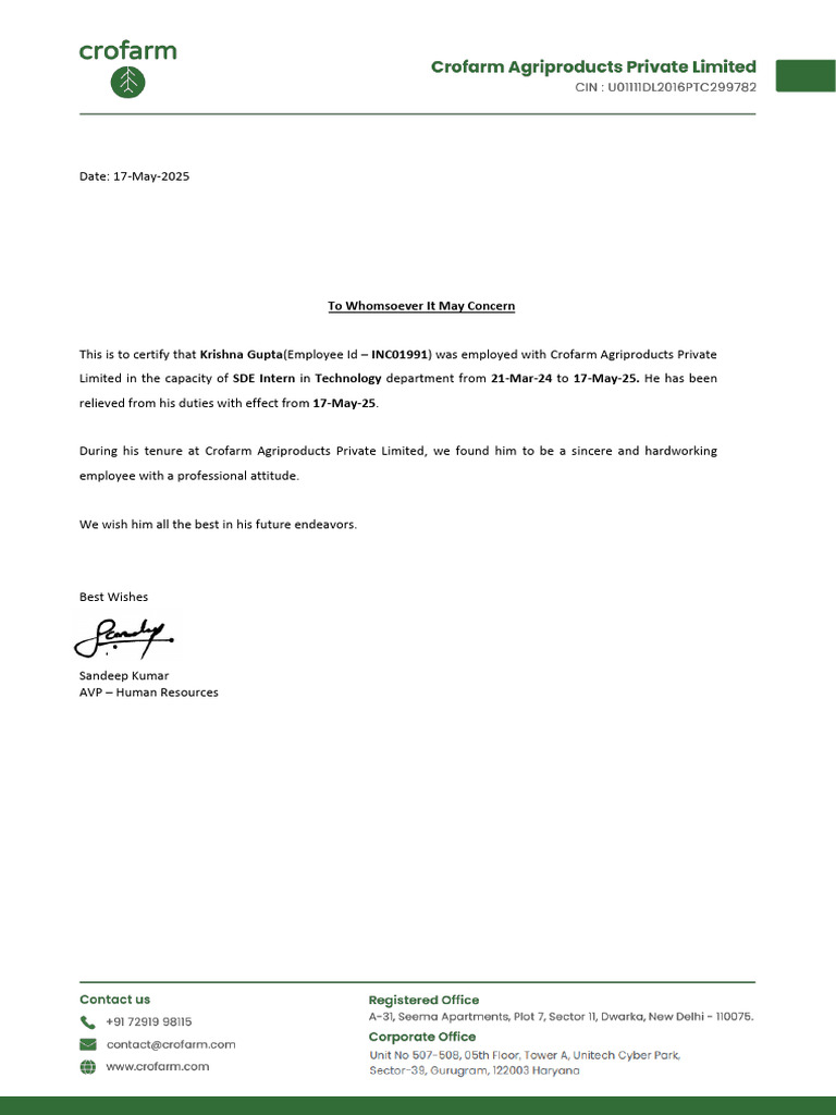 Crofarm Experience Letter 117 | PDF