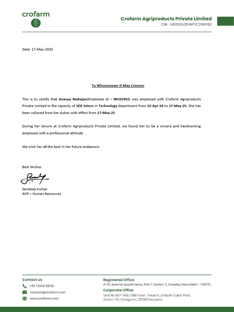 Crofarm Experience Letter 118 | PDF