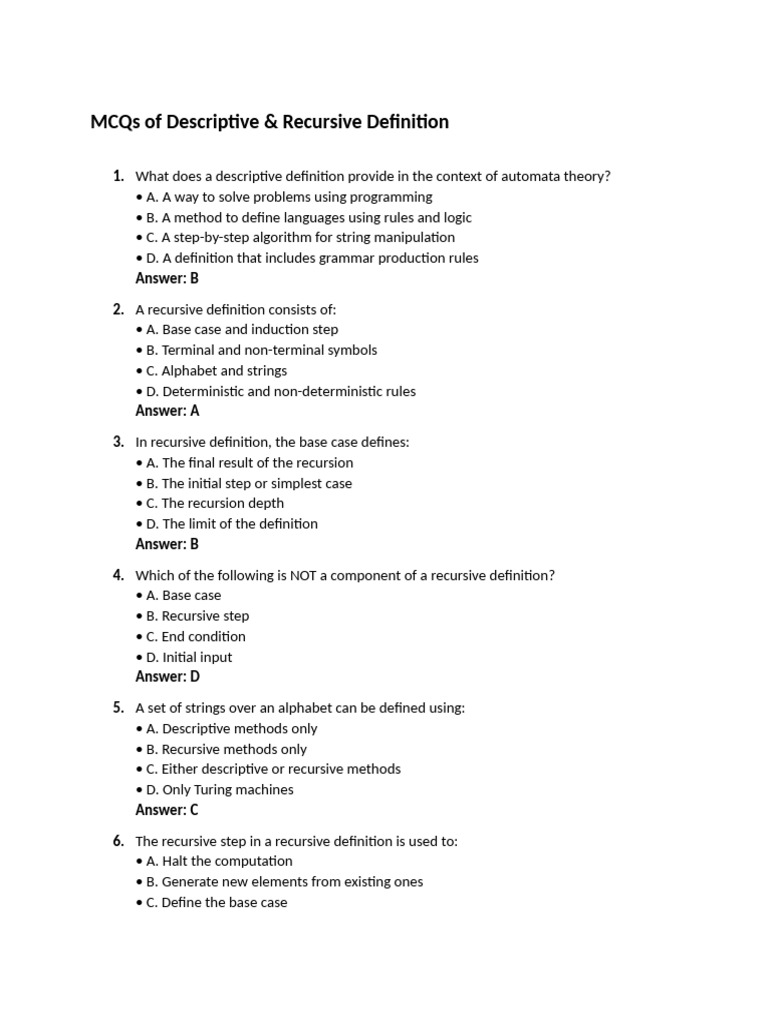Descriptiva and Recursive Language MCQs | PDF | Recursion | Automata Theory
