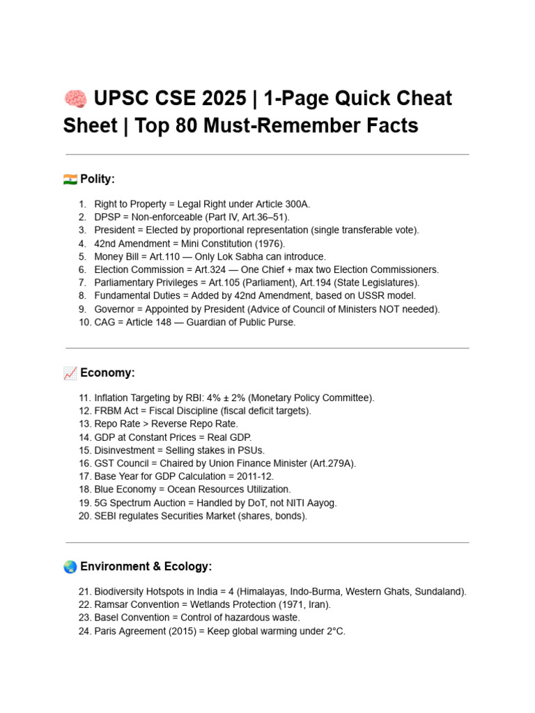 ? UPSC CSE 2025 - 1-Page Quick Cheat Sheet - Top 80 Must-Remember Facts ...