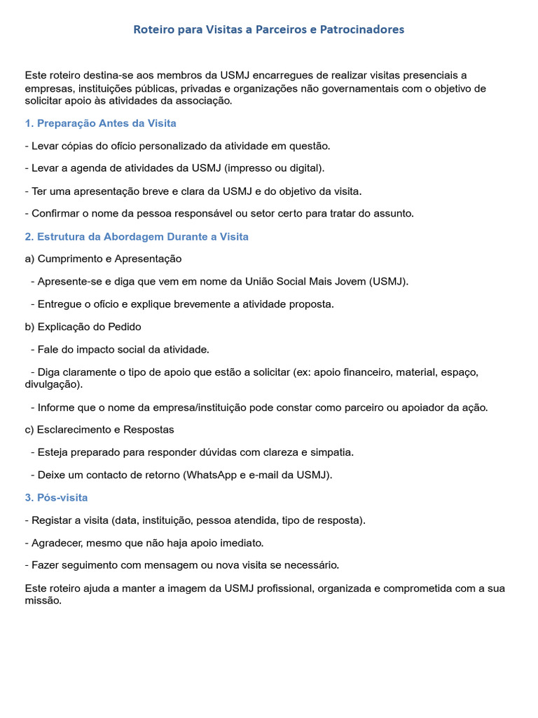 Roteiro Visitas Parceiros USMJ - Docx 20250516 191827 0000 | PDF