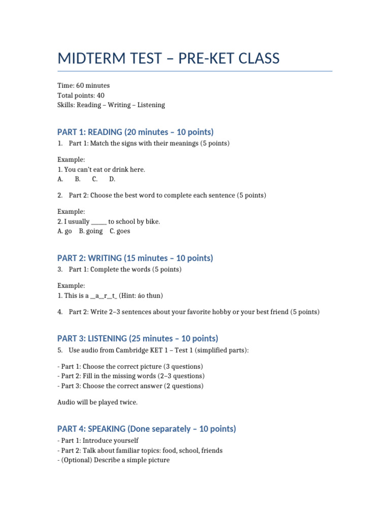 Midterm Test Pre KET | PDF