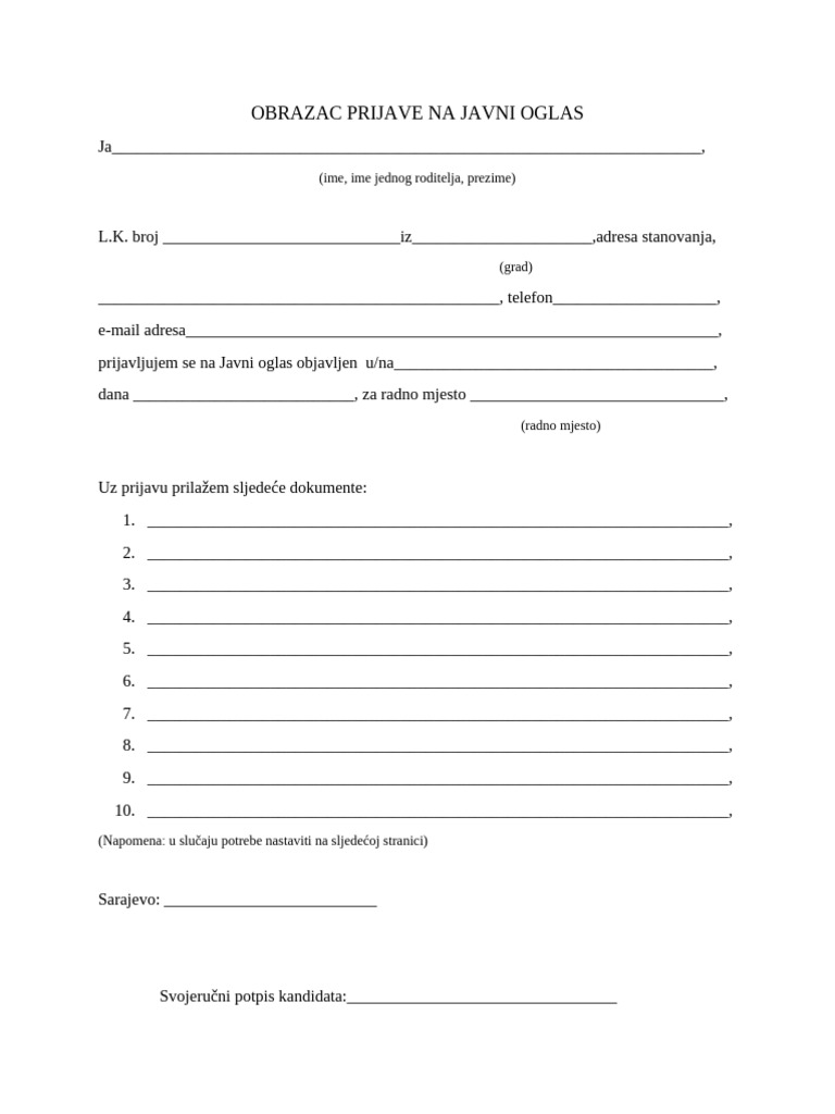 Obrazac Prijave Na Javni Oglas | PDF