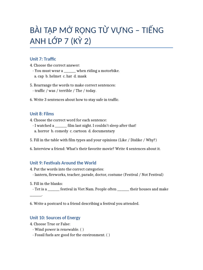 Bai Tap Mo Rong Tu Vung Tieng Anh 7 Ky 2 | PDF