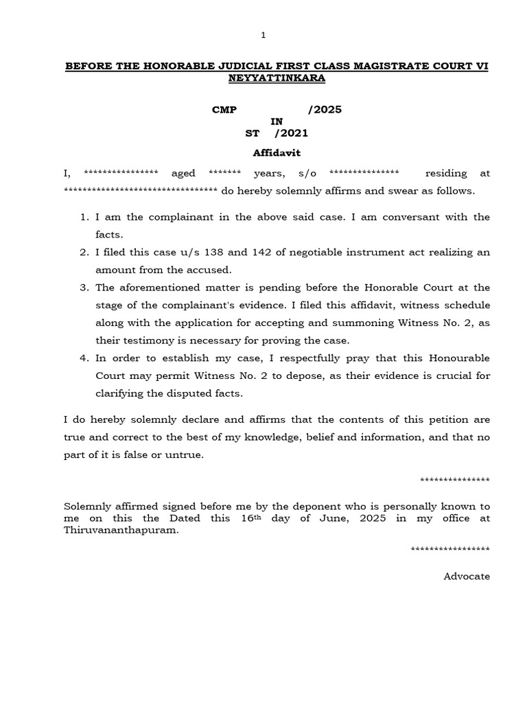 Application For Issuing Summons To Witness | PDF | Affidavit | Evidence
