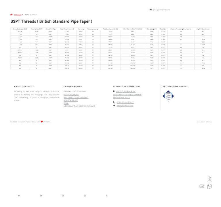 BSPT Threads - British Standard PIPE Taper Thread Dimensions ...