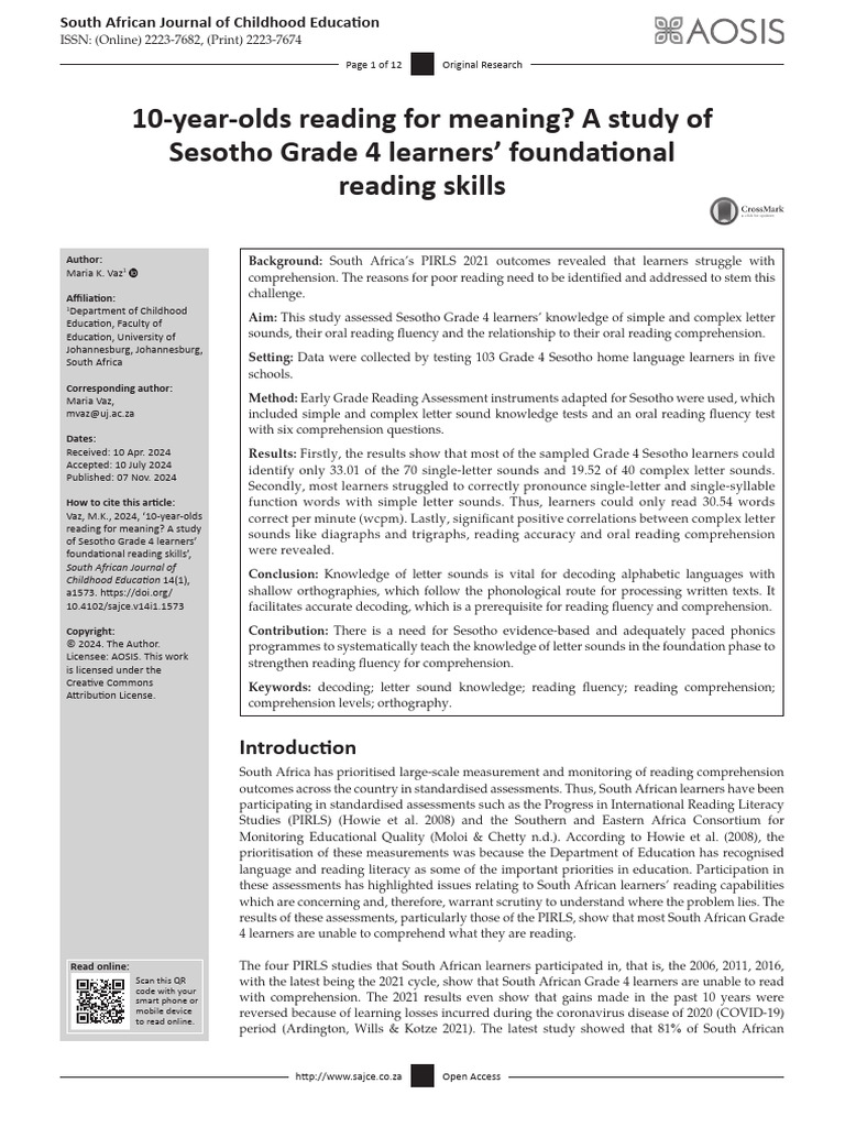 Vaz, M.K., 2024, ‘10-year-olds reading for meaning? A study of Sesotho ...