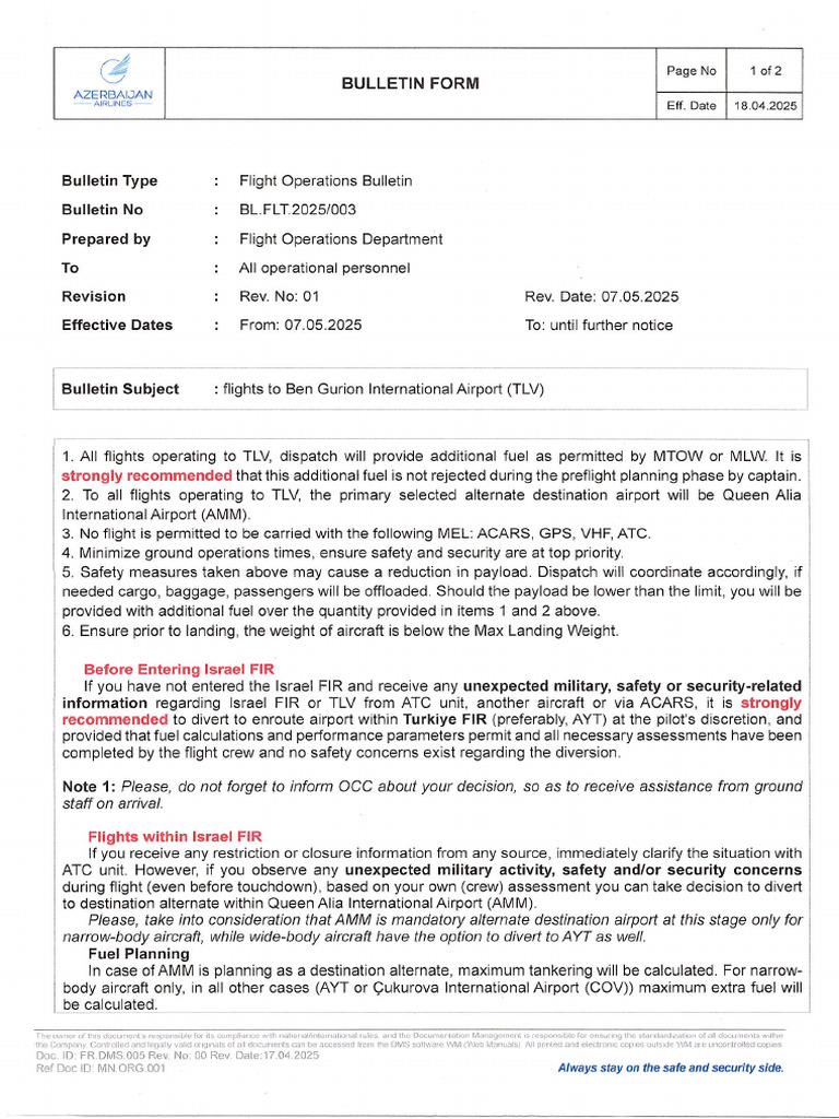 BL - flt.2025-003 Flights To TLV Rev. 01 | PDF