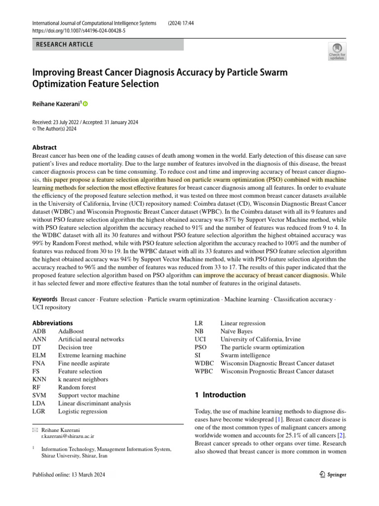 Improving Breast Cancer Diagnosis Accuracy by Particle Swarm ...