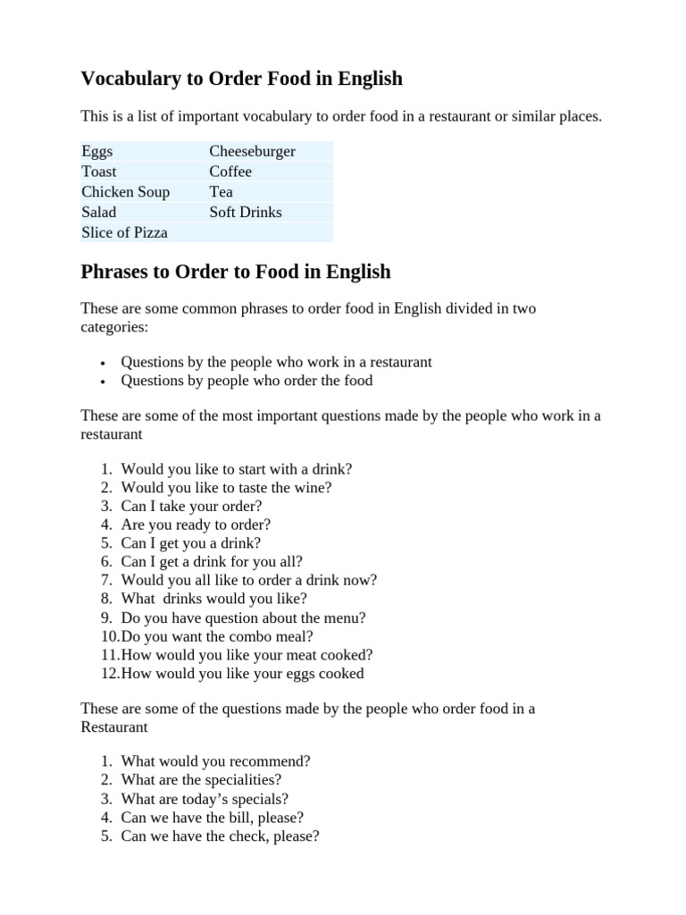 Ordering Food Vocabulary and Phrases | PDF