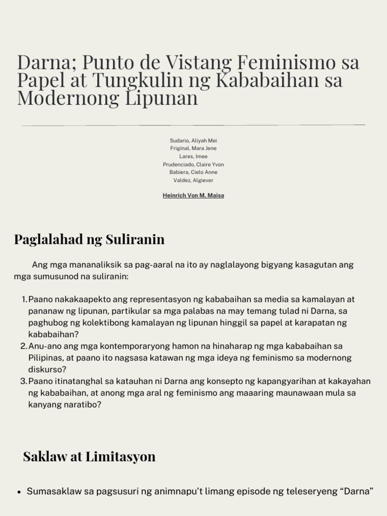 Darna Punto de Vistang Feminismo Sa Papel at Tungkulin NG Kababaihan Sa ...