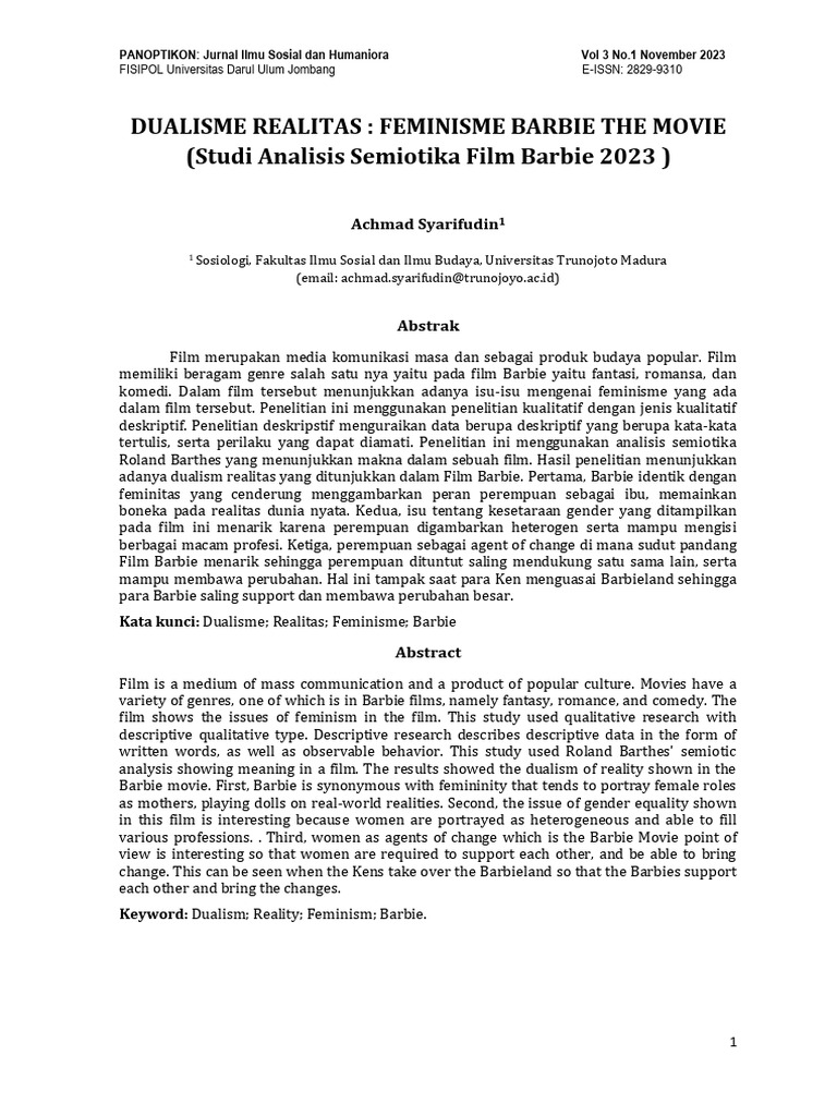 Dualisme Realitas Feminisme Barbie The Movie Studi Analisis Semiotika ...