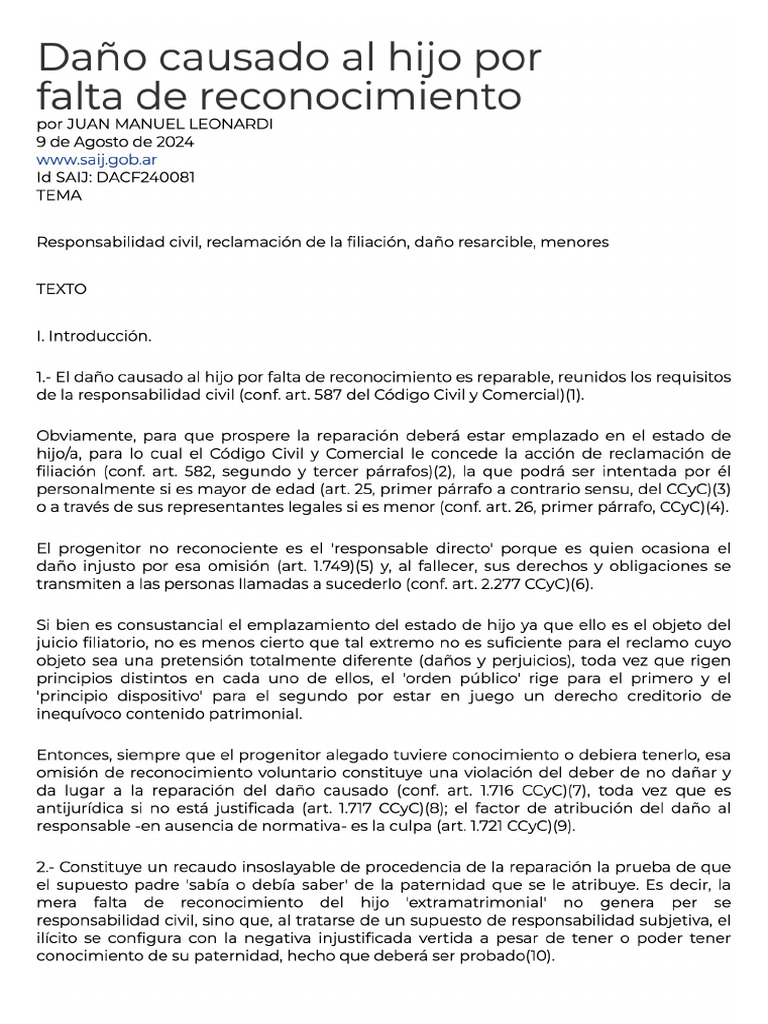 Daño Causado Al Hijo Por Falta de Reconocimiento | PDF