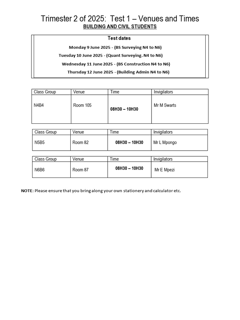 Test Venues Test Tri 2 2025 | PDF