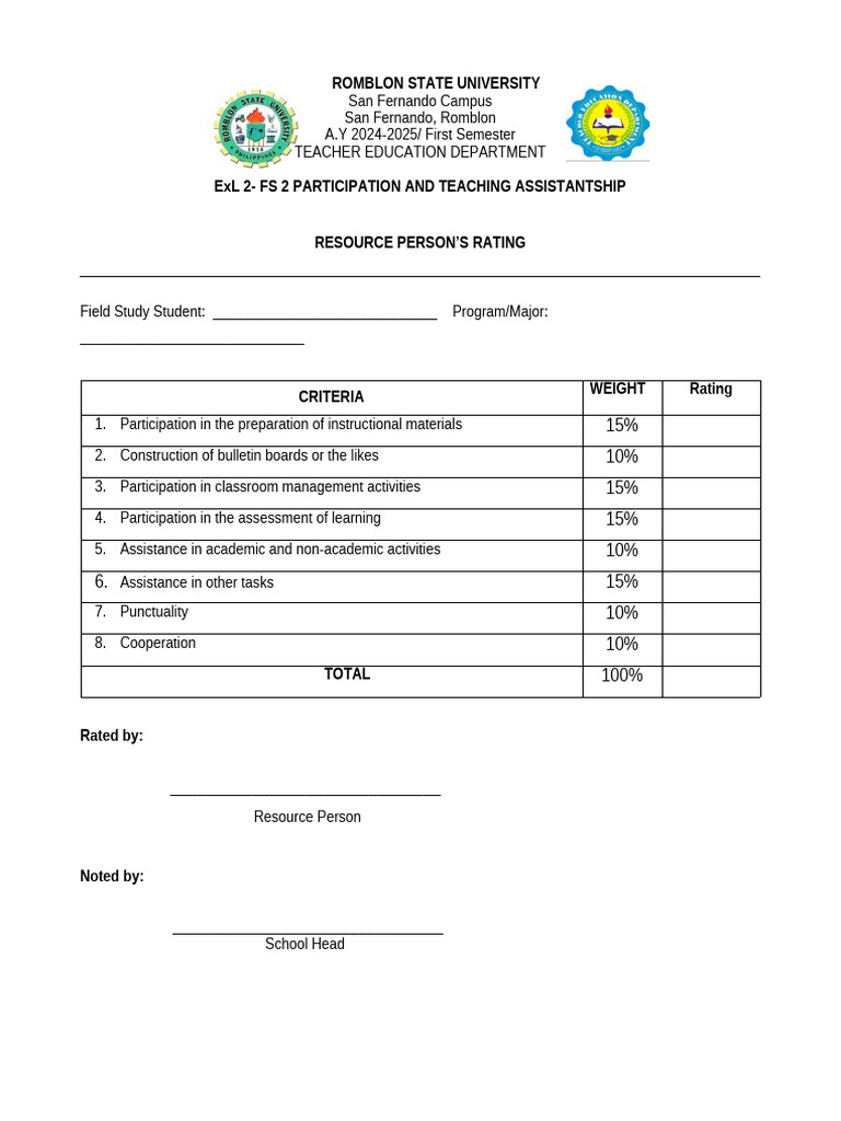 Teacher Education Participation Rating Form | PDF