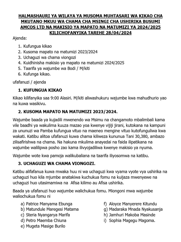 Chama Cha Msingi Cha Ushirika Busumi Amcso LTD | PDF
