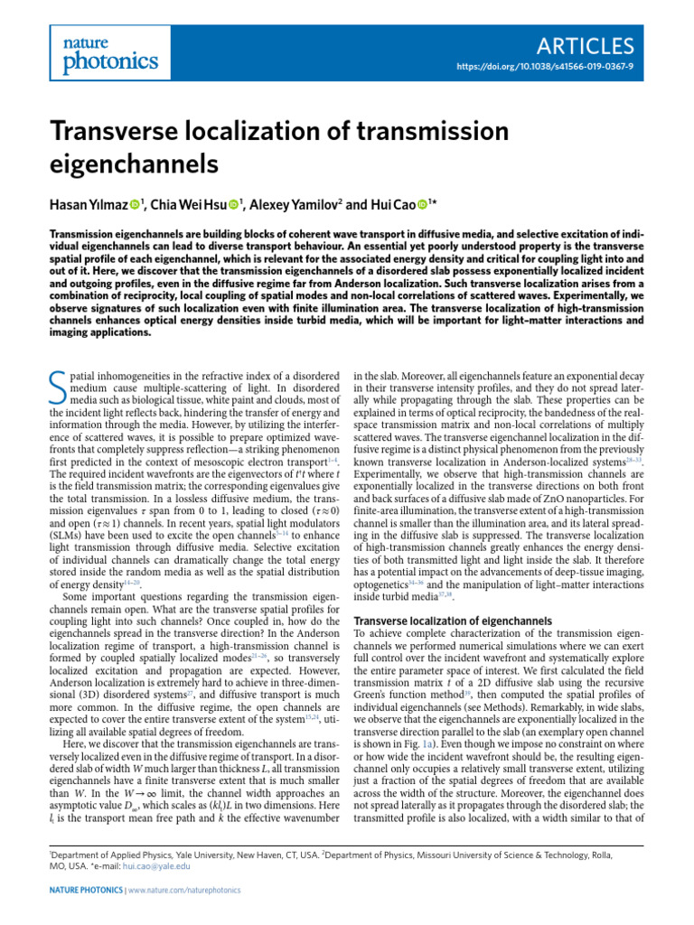 Transverse Localization of Transmission Eigenchannels | PDF | Matrix (Mathematics) | Eigenvalues ...