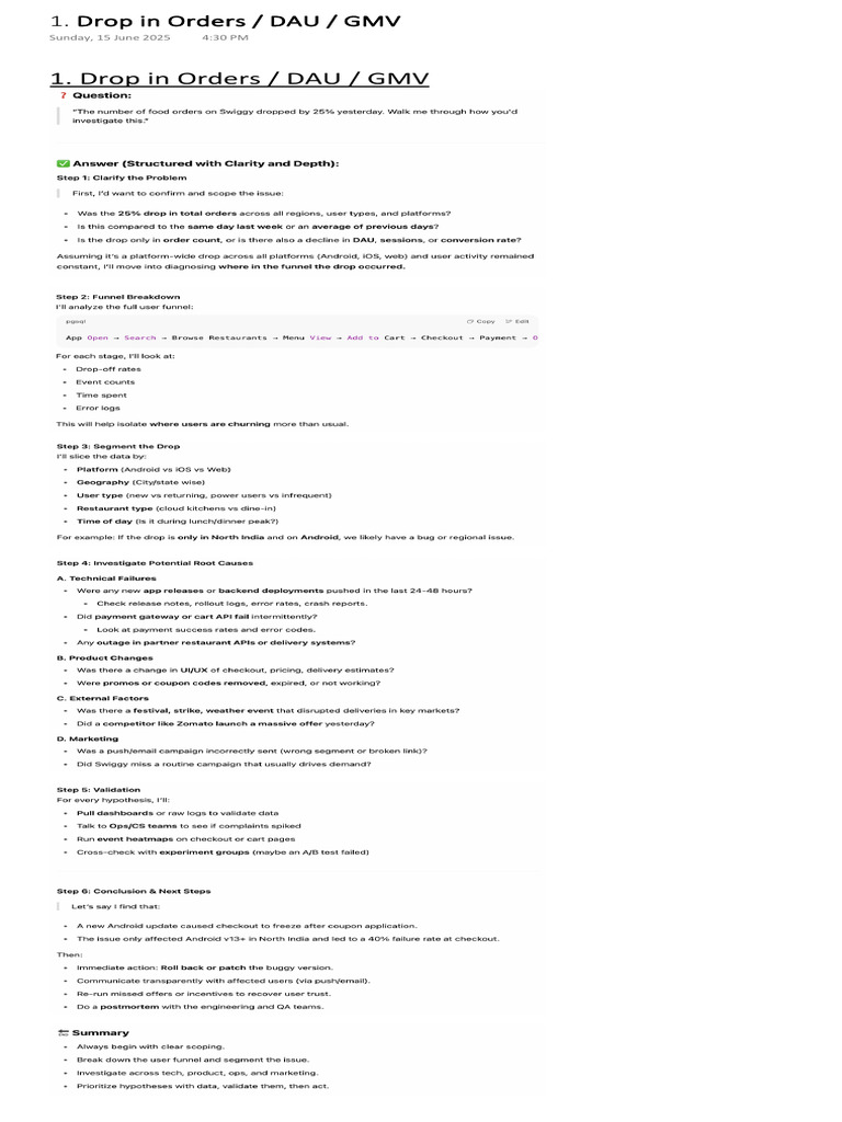 Drop in Orders DAU GMV | PDF