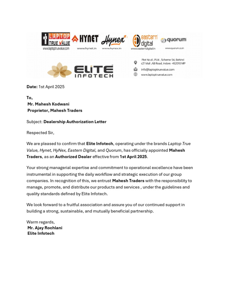 Dealership Authorization for Mahesh Traders | PDF