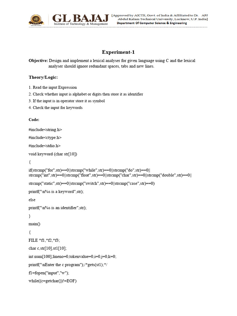 Compiler Design Lab KCS552 | PDF | Parsing | Regular Expression