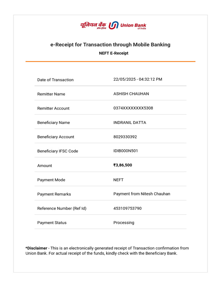 NEFT Transfer Receipt 22 05 25 | PDF