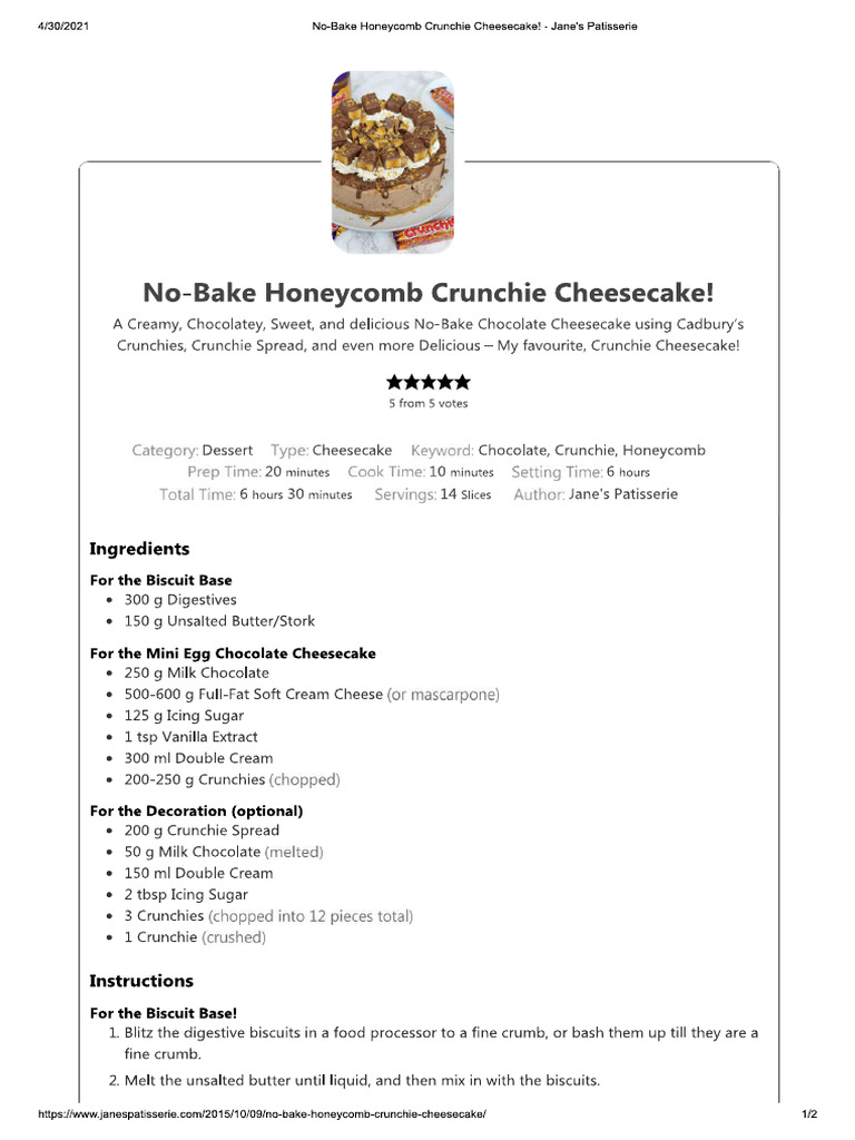 No-Bake Honeycomb Crunchie Cheesecake! - Jane - S Patisserie | PDF